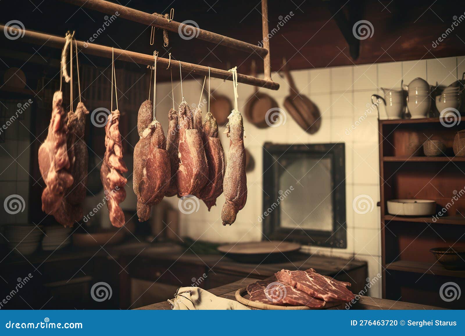A Bunch of Meat Hanging from a Line in a Kitchen. AI Generative Image ...