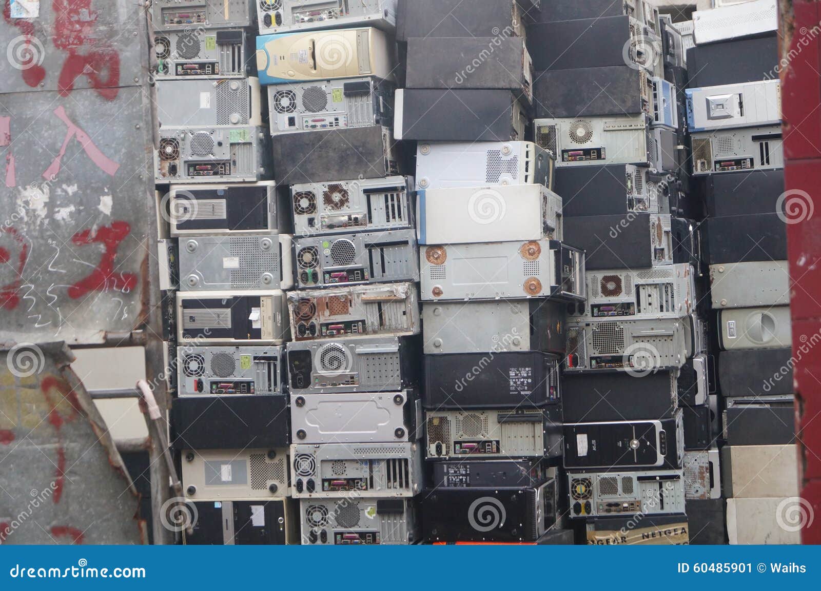 Pile Of Old Computers Were Thrown Around Beside The Trash, Electronic ...