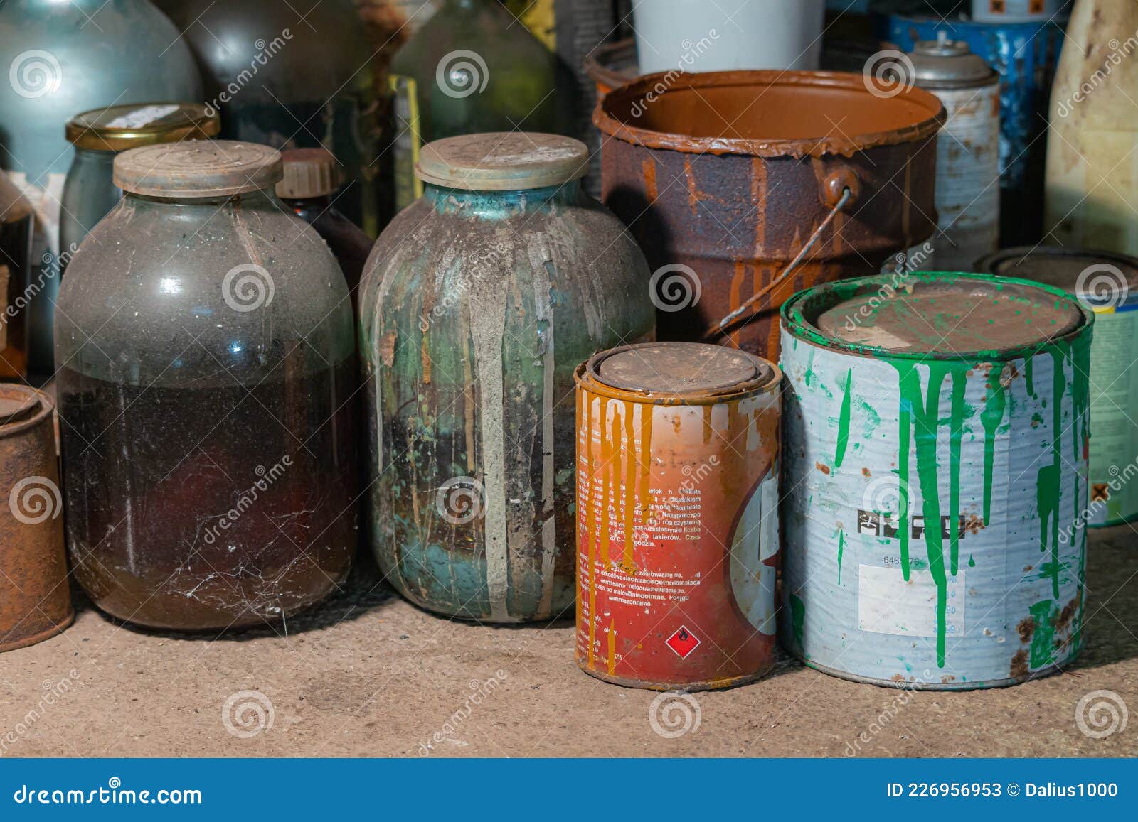 Bunch of Old Rusty Paint Cans and Jars - in the Workshop Stock Image ...