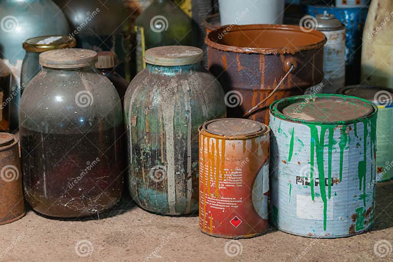 Bunch of Old Rusty Paint Cans and Jars - in the Workshop Stock Image ...