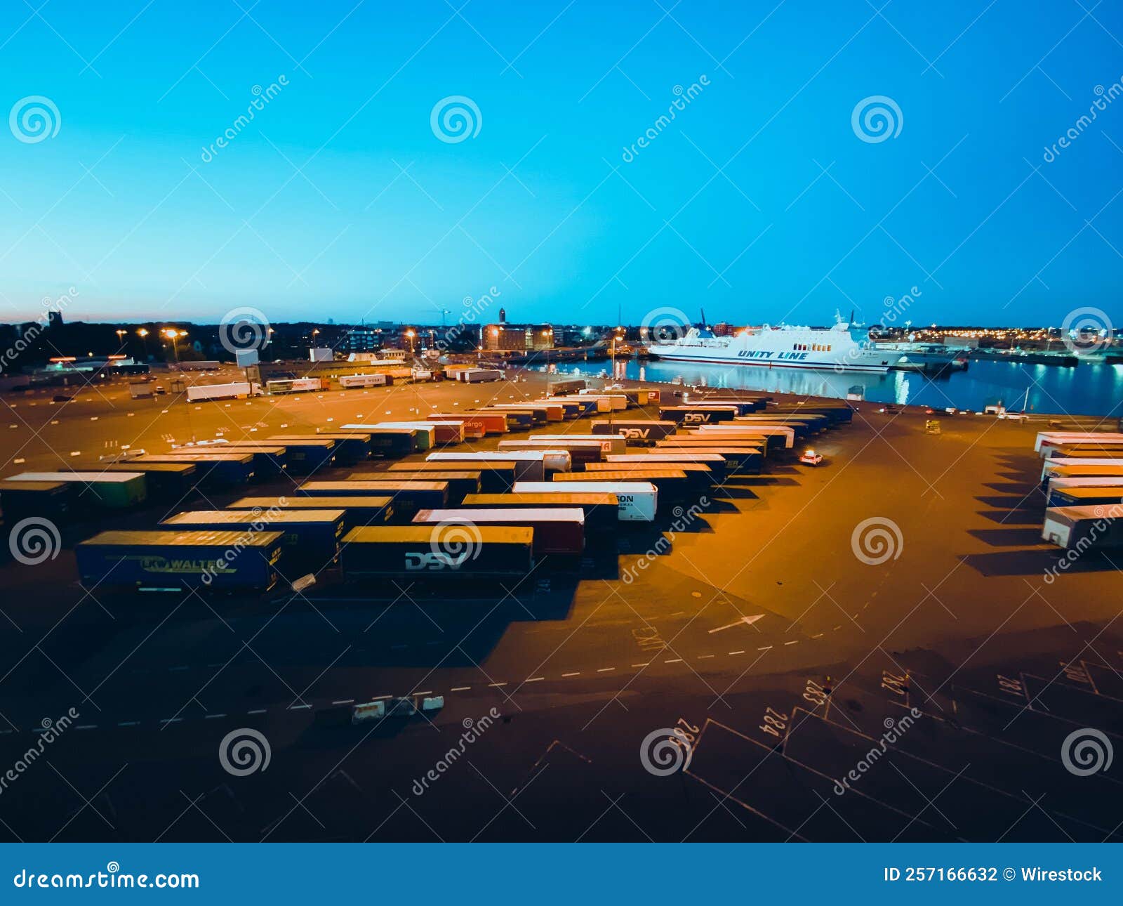 Bunch of Parked Lorry or Truck Trailers in Front of a Ferry in the Port ...