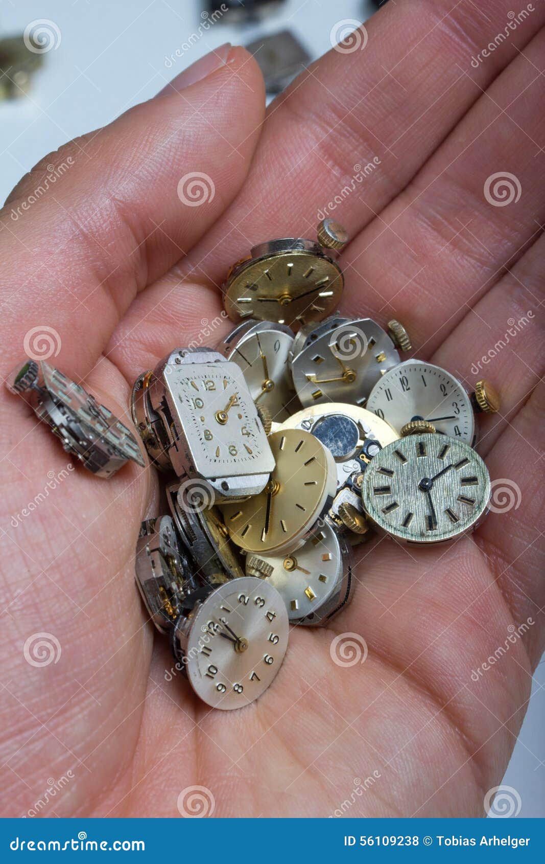 Bunch of Pocket Watch Clockworks in a Humand Hand Stock Photo - Image ...