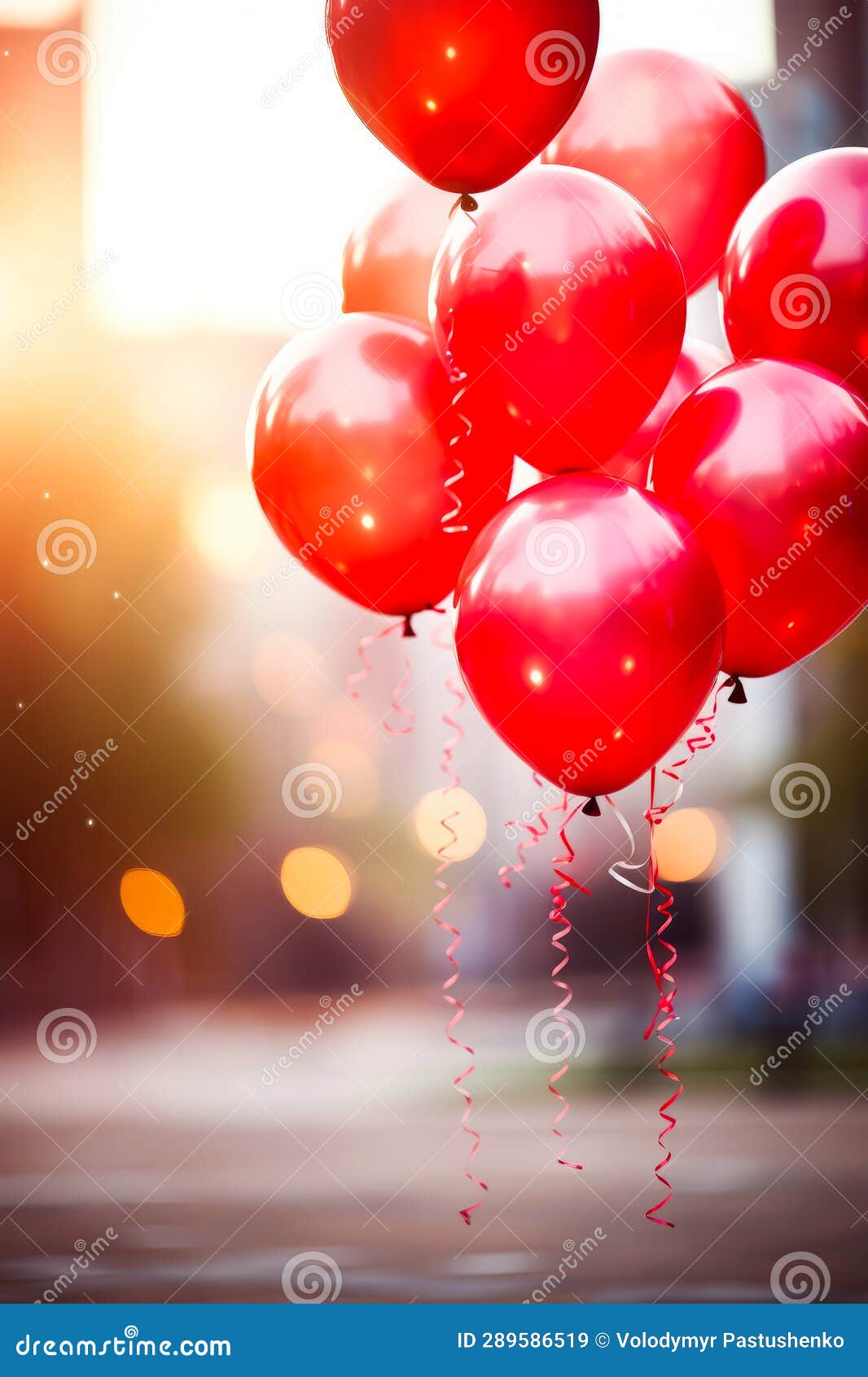 Bunch of Red Balloons with Streamers on Street. Generative AI Stock ...