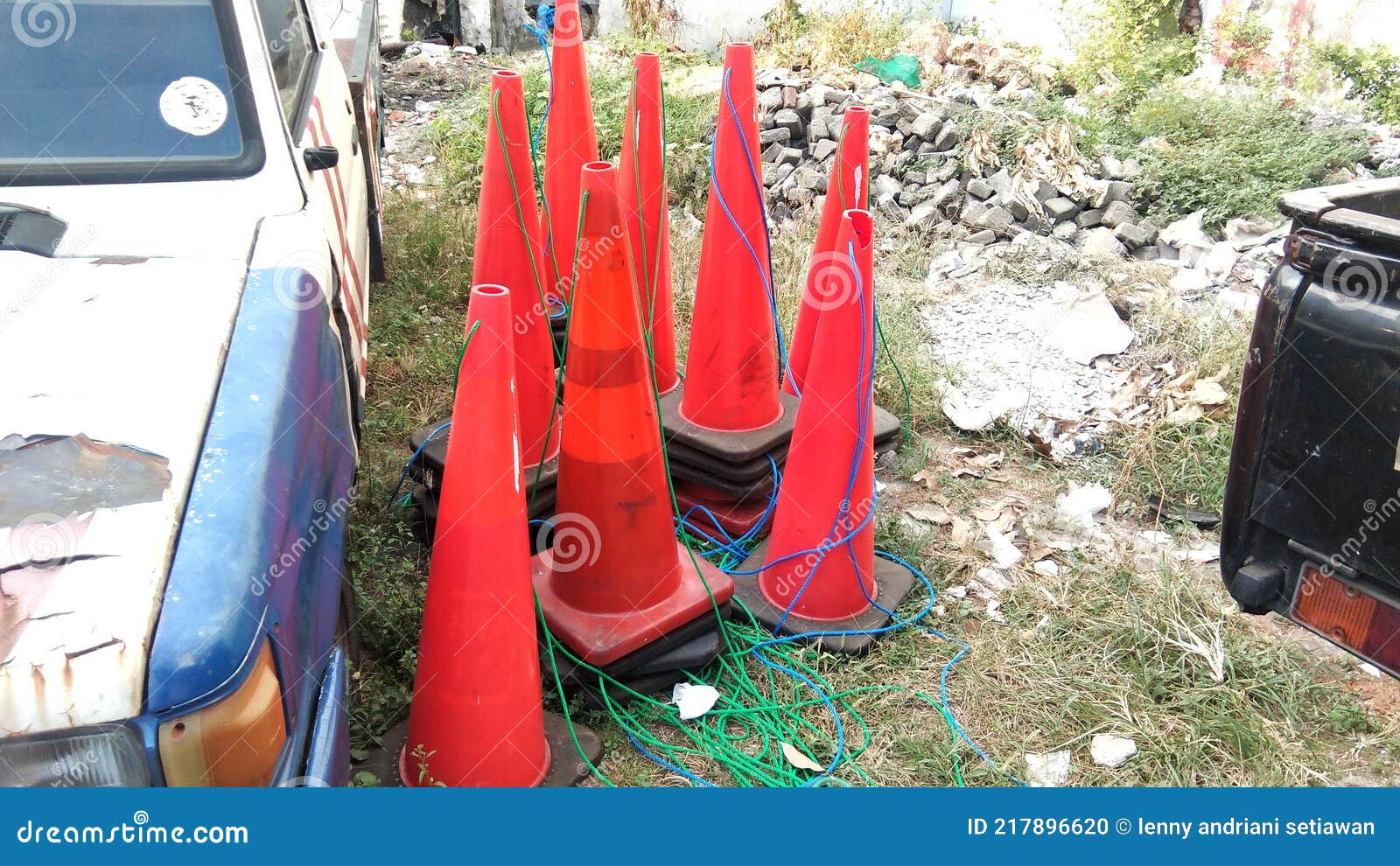 A Bunch of Red Road Cones for Road Divider on the Ground Stock Photo ...