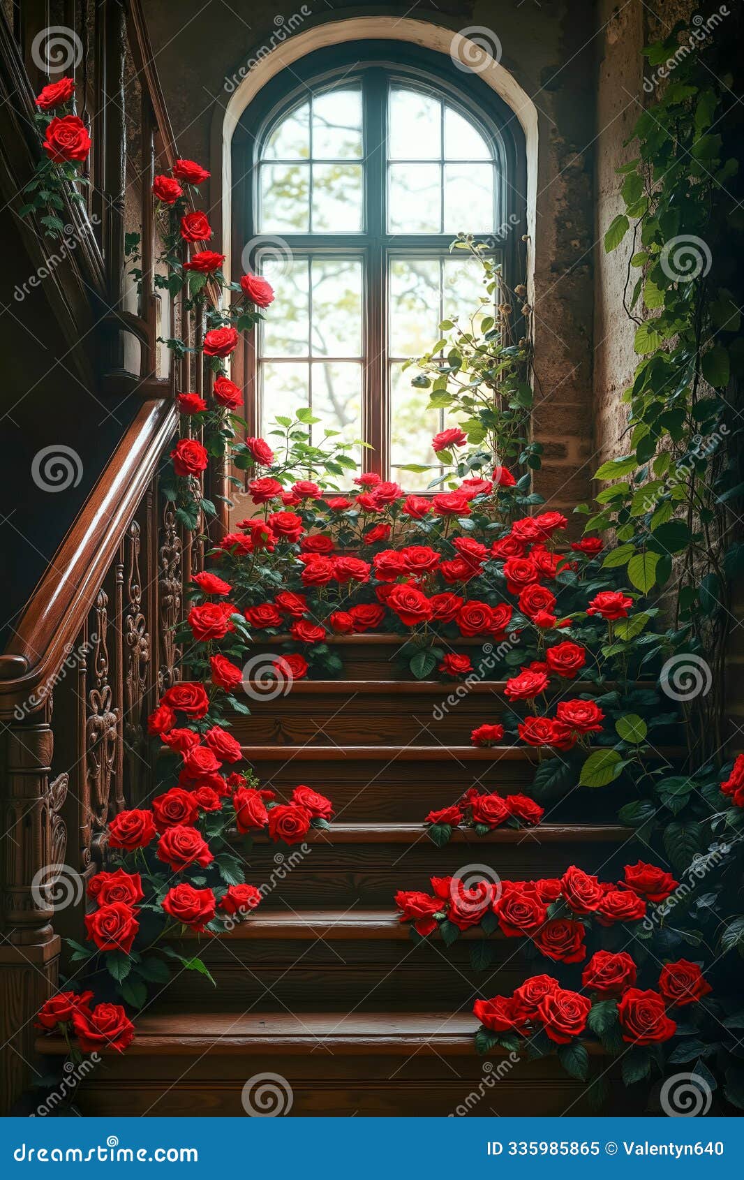A Bunch of Red Roses Growing on the Steps of a Staircase Stock Image ...