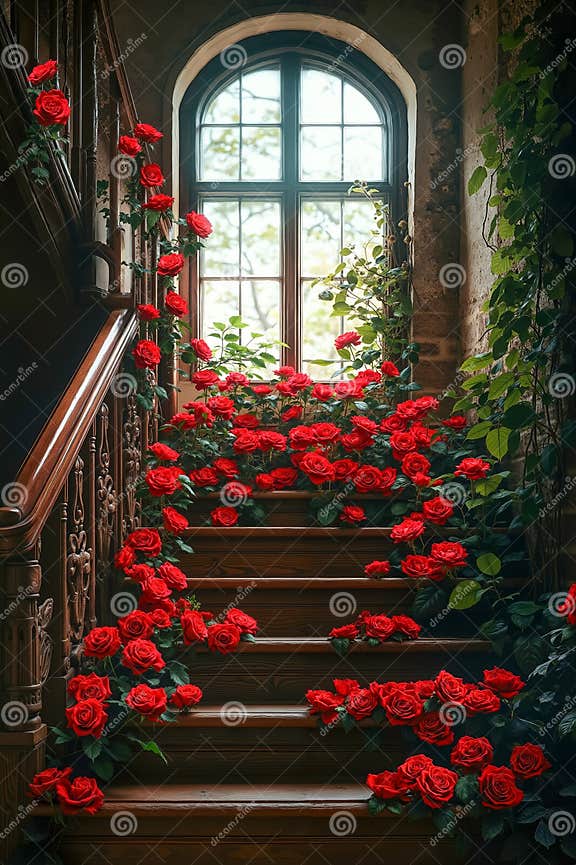 A Bunch of Red Roses Growing on the Steps of a Staircase Stock Image ...