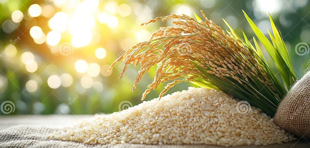 A Bunch of Rice is on a Table Next To a Bag Stock Image - Image of ...