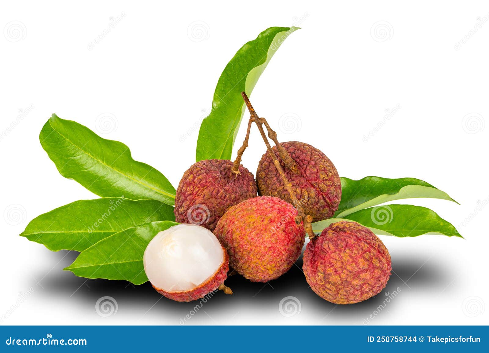 Bunch of Ripe Lychee and a Half with Green Leaves Isolated on White ...