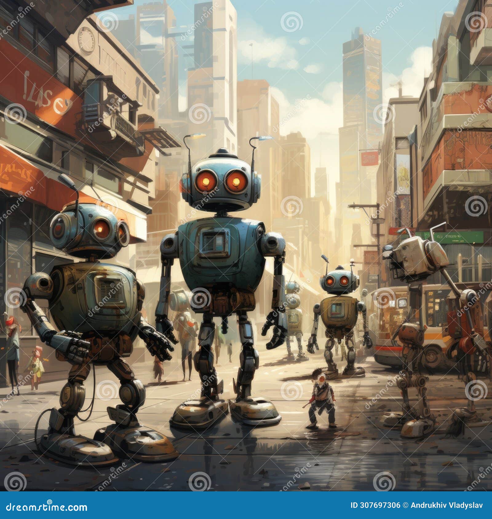 A Bunch of Robots on the City Streets. Stock Illustration ...