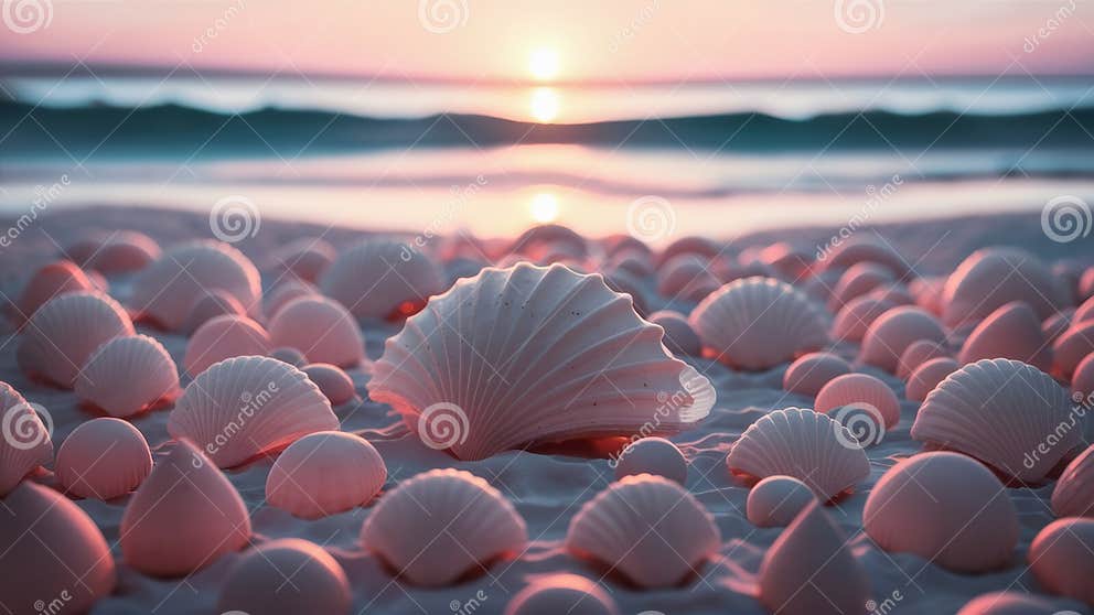 A Bunch of Shells are Laying on the Sand at Sunset, AI Stock Image ...