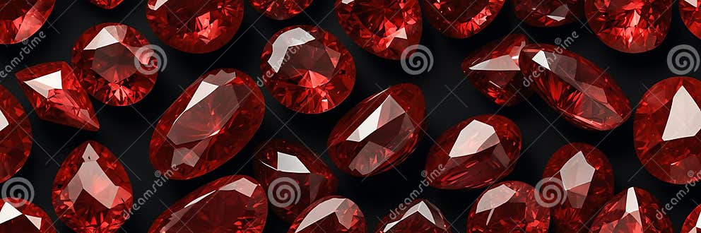 Bunch of Shiny Red Ruby on Plain Black Dark Background Panoramic Wide ...