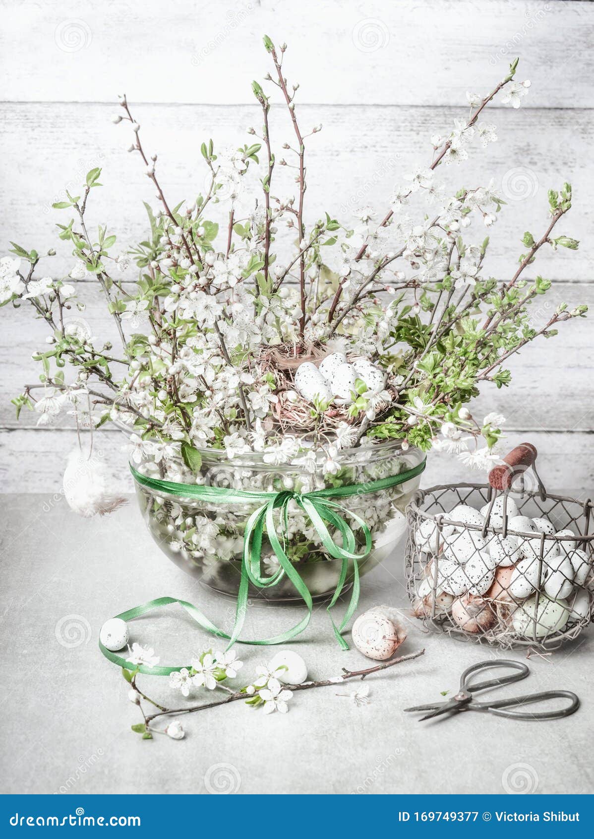Bunch of Spring Blossom Twigs in Vase with Easter Eggs on White Table ...