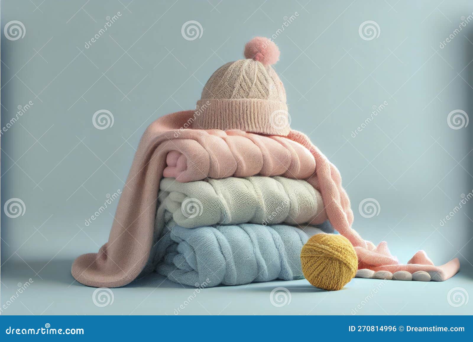 Bunch of Stacked Knitted Pastel Color Sweaters Scarf and Hat with ...