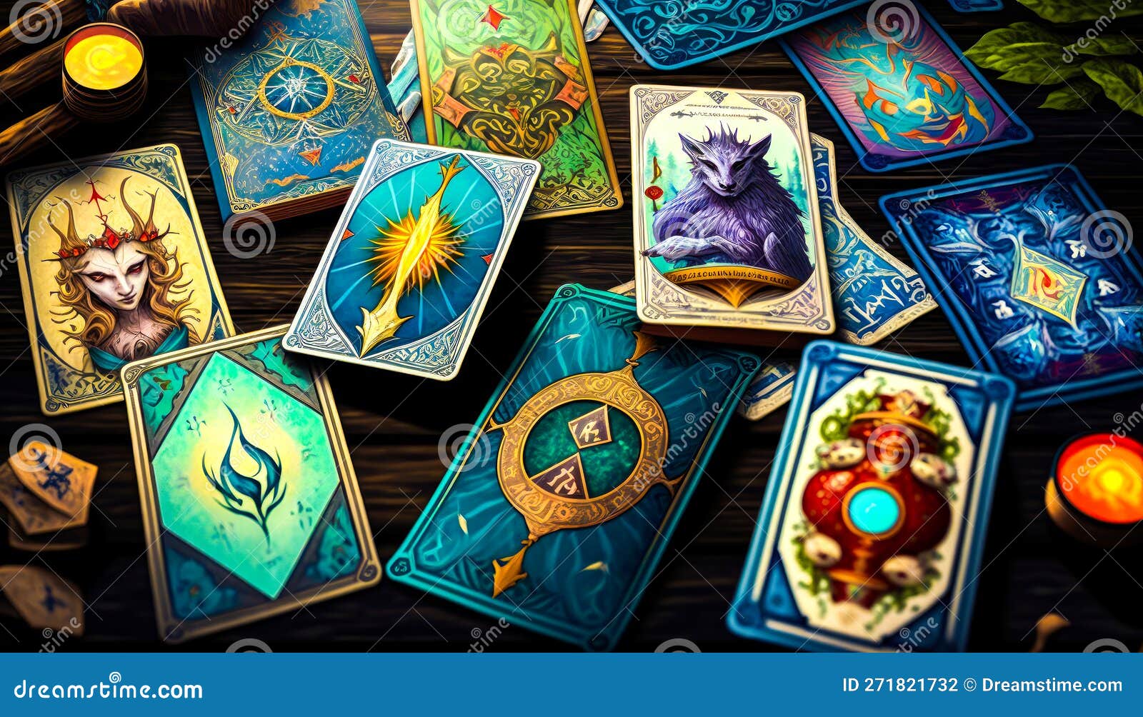 Bunch of Tarot Cards on Table. Generative AI Stock Photo - Image of ...