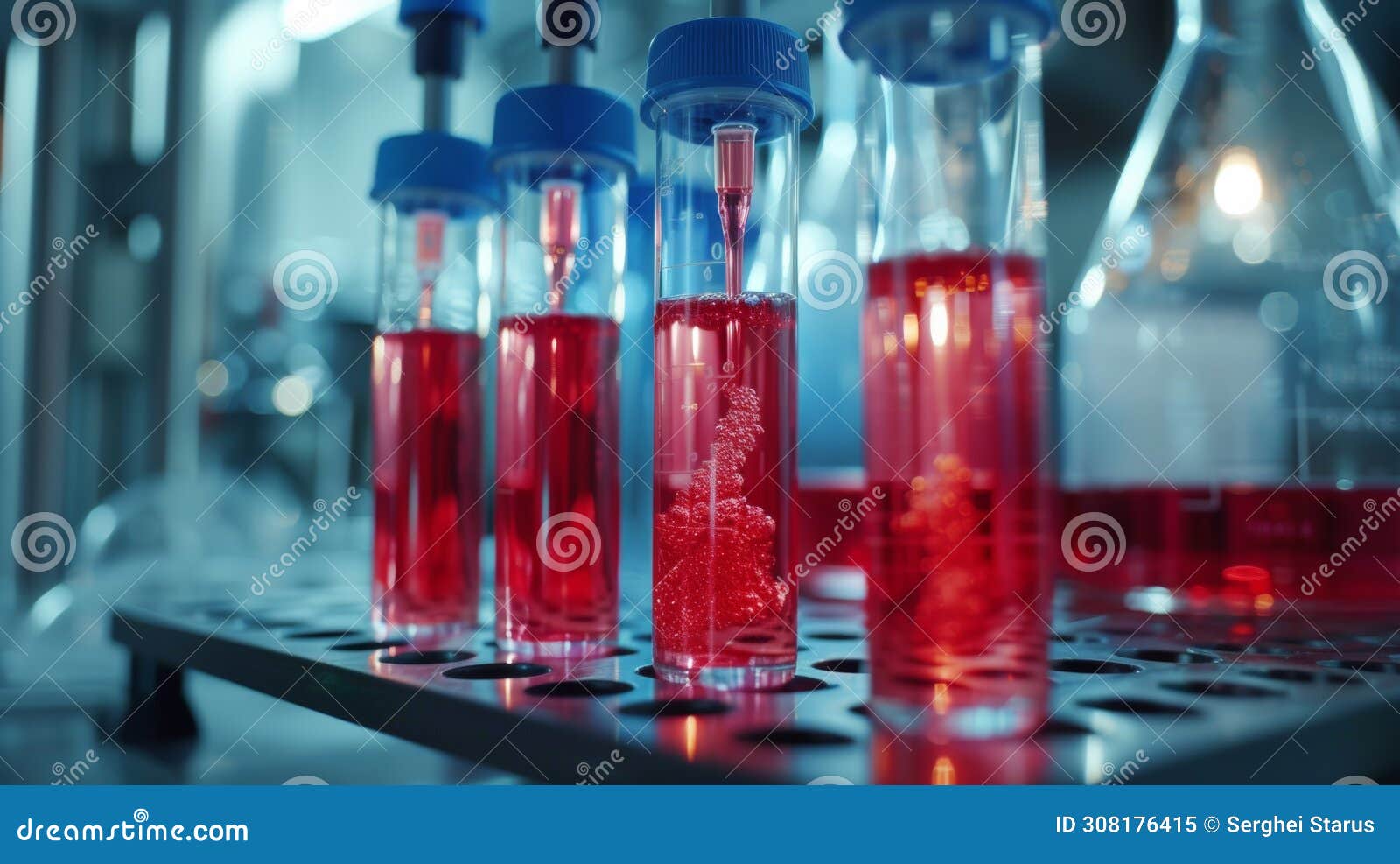 A Bunch of Test Tubes with Red Liquid in Them Sitting on a Rack, AI ...