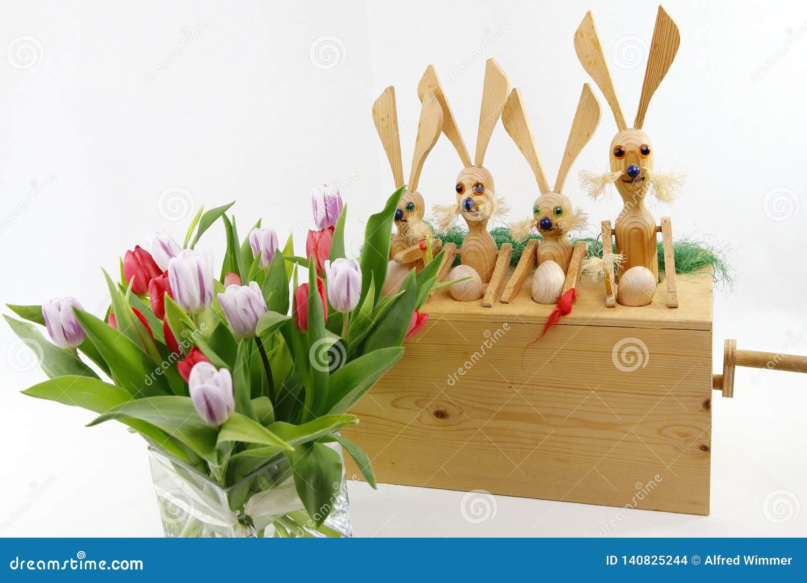 A Bunch of Tulips and Easter Rabbits in a Wooden Box Stock Photo ...