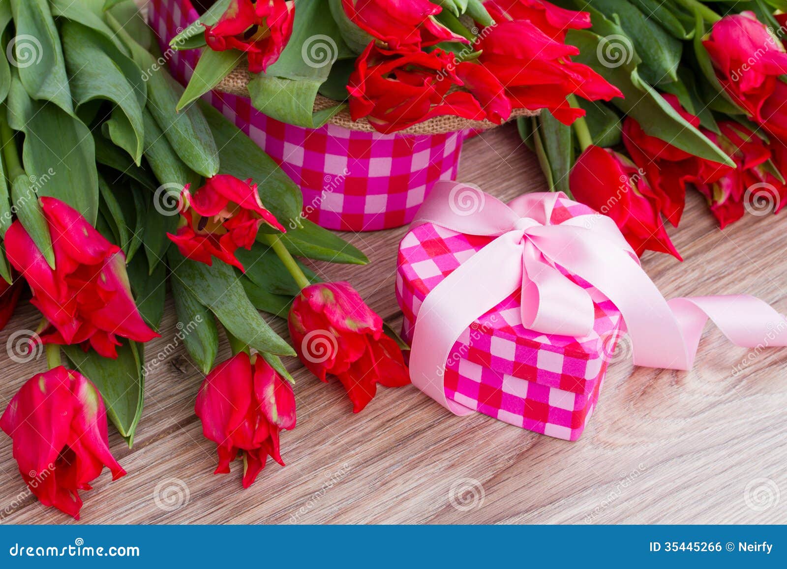 Bunch of Tulips with Present Box Stock Photo - Image of beauty, flower ...