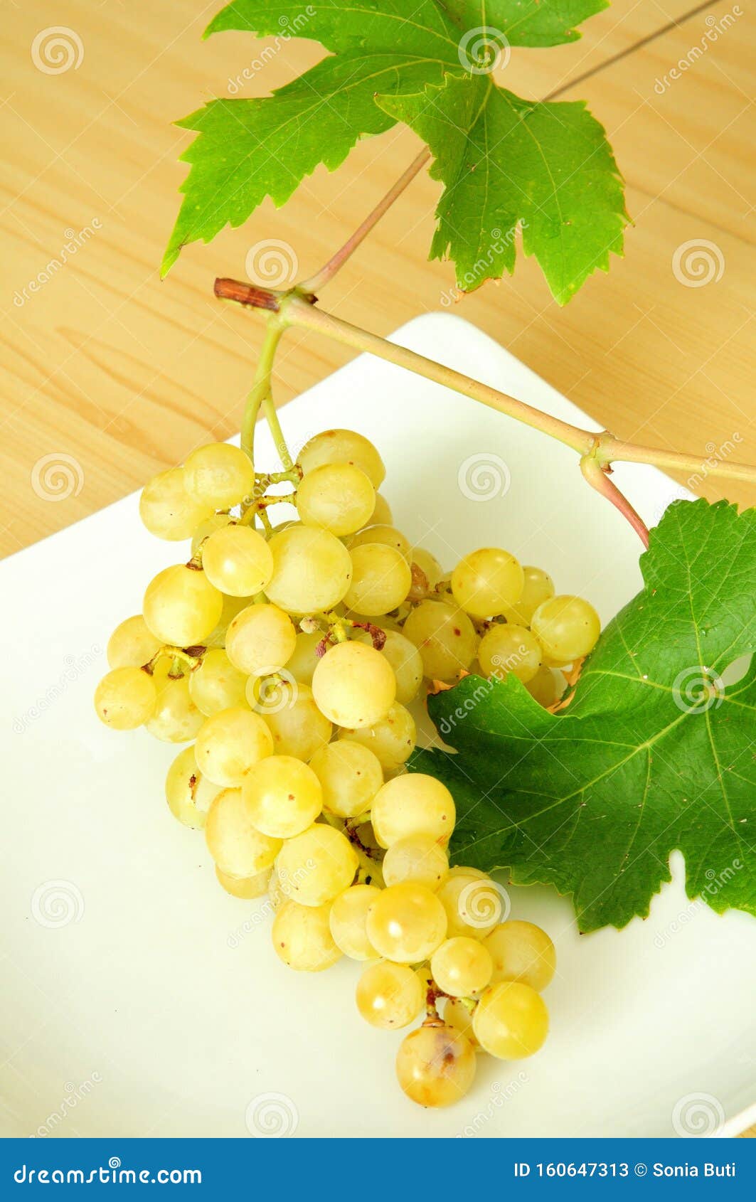 Bunch of White Grapes with Its Green Leaves, in Square Plate Stock ...