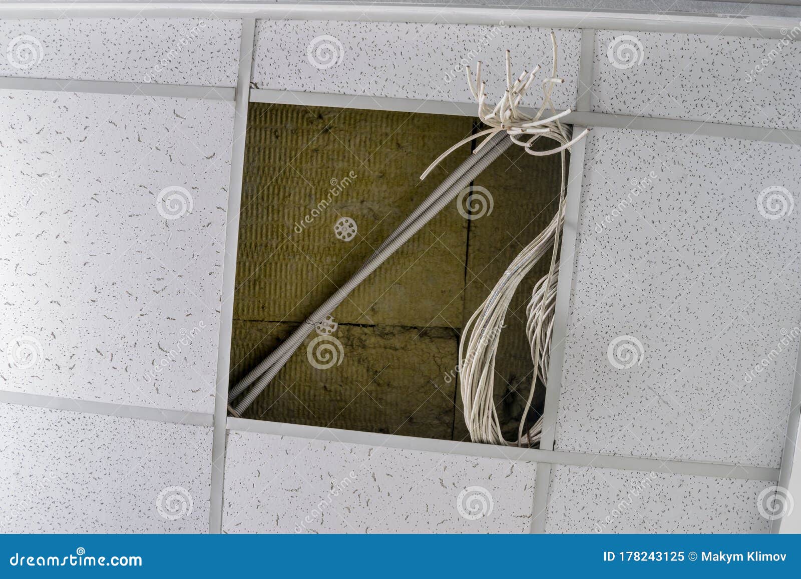 A Bunch of White Wires Hang from the Suspended Ceiling. Communication ...