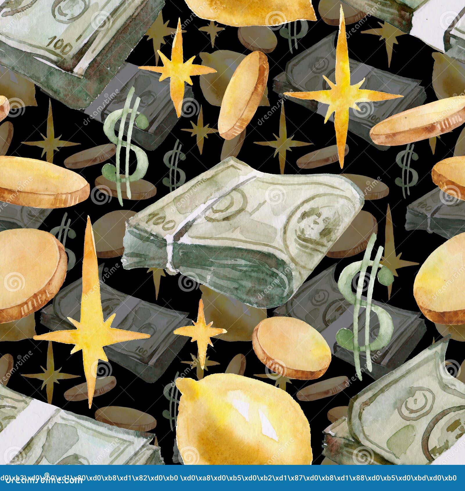 Bundle of Banknotes, Money Watercolor Seamless Pattern of Wealth ...