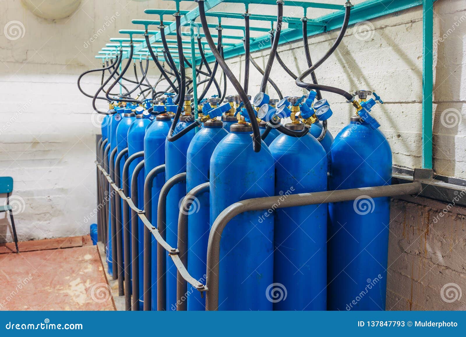 Bundle of Blue Gas Cylinders with Pressure Gauges Stock Image - Image ...