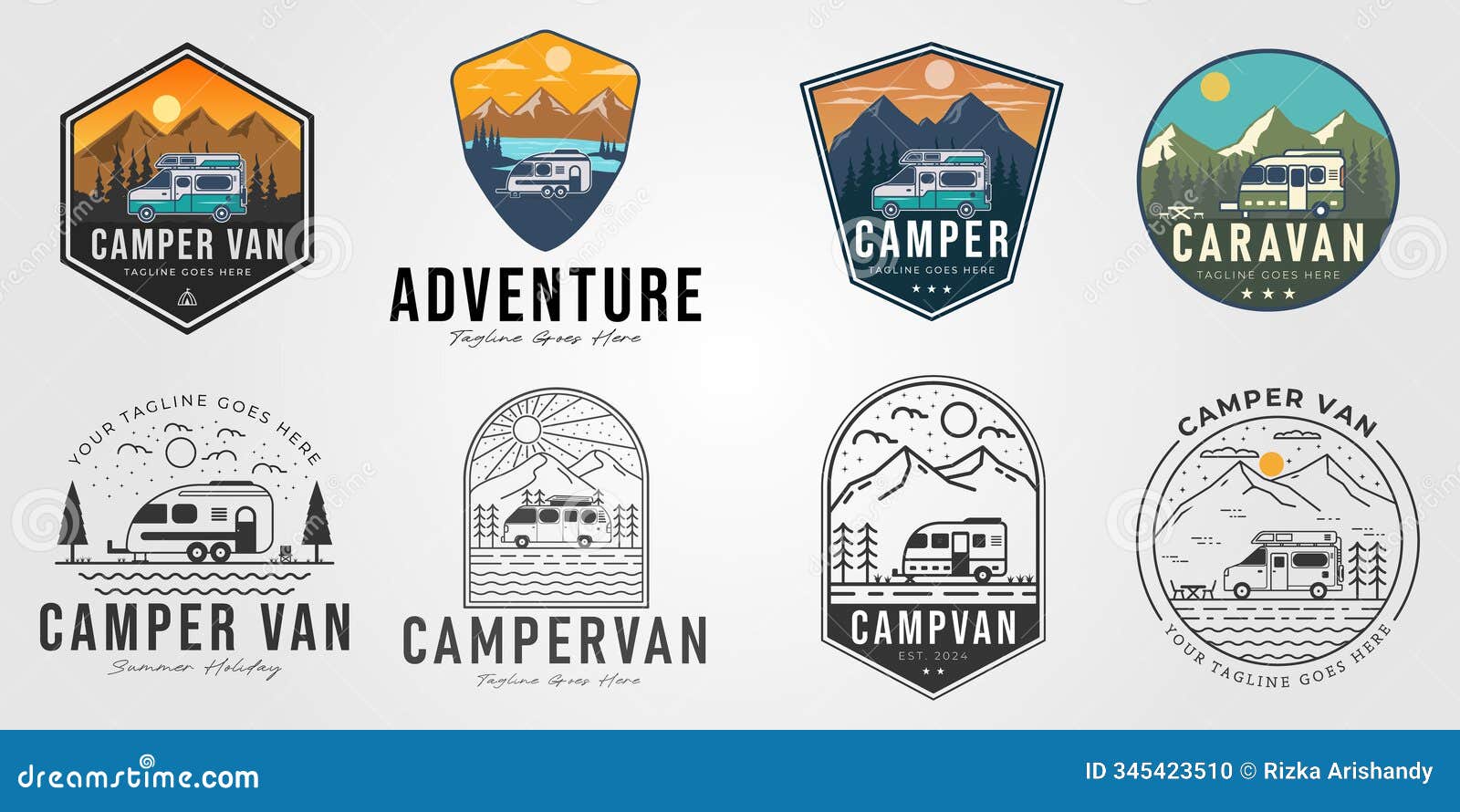 Bundle of Camper Van Logo Illustration. Set of Adventure Caravan Car Symbol Vector Design Stock ...