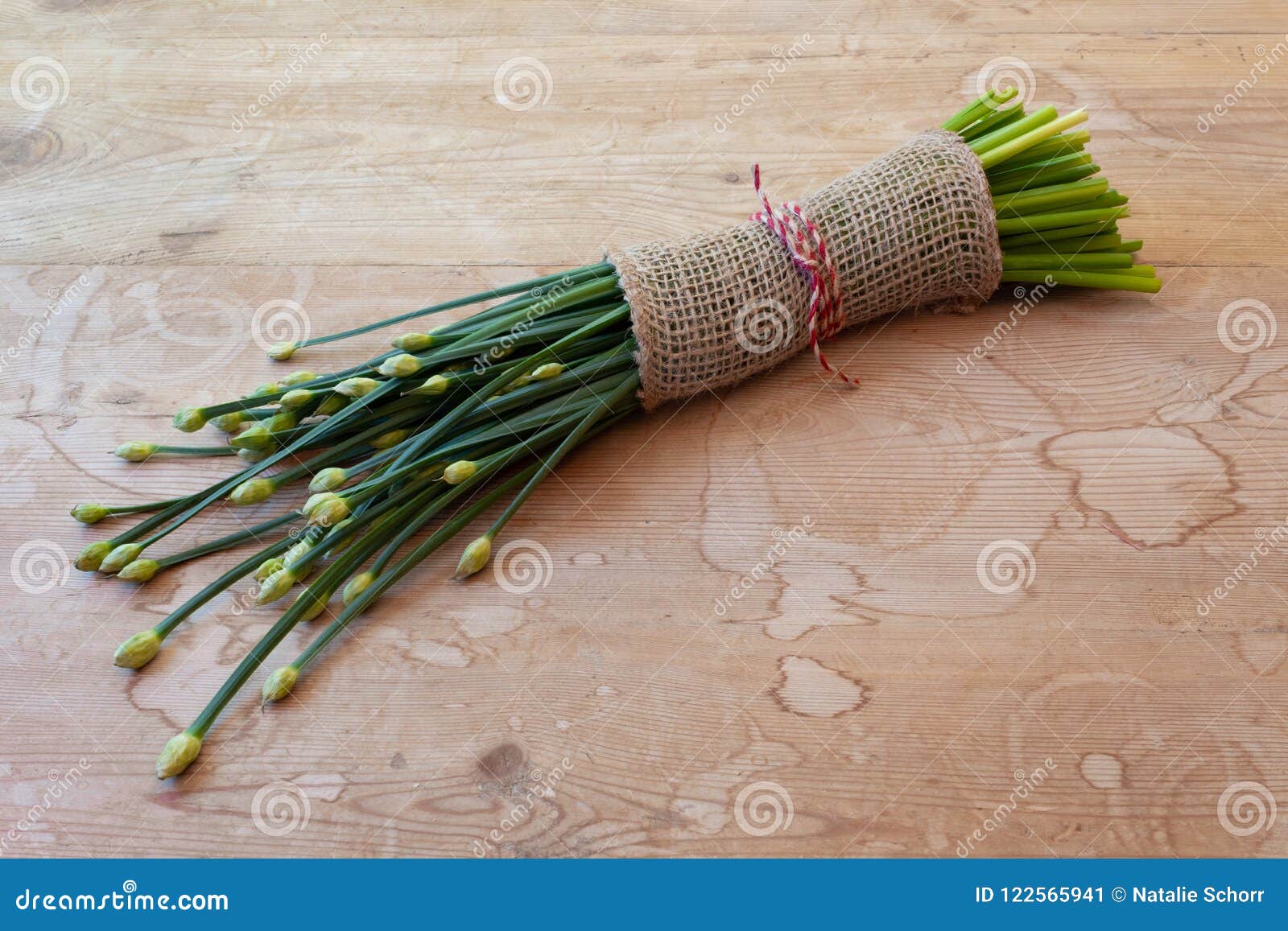 Bundle of Chives, Bound in Burlap, Low Diagonal View on Weathered Wood ...