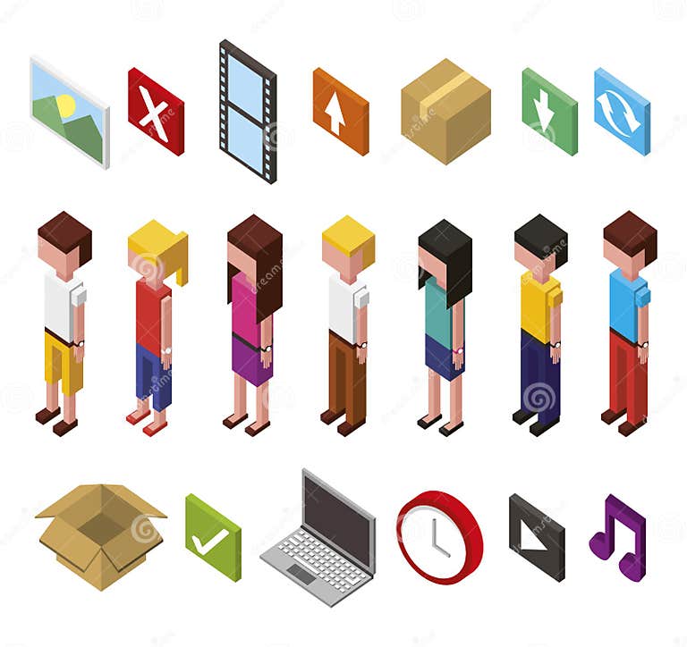 Bundle of Data Center and Users Avatars Isometric Set Icons Stock ...