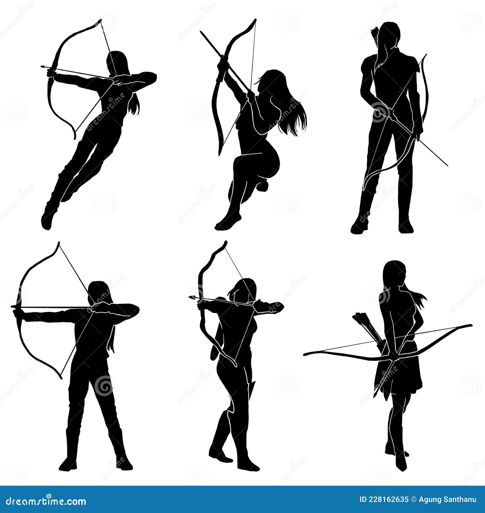 Bundle of Female Archer Warrior Silhouette Vector Collection on White ...