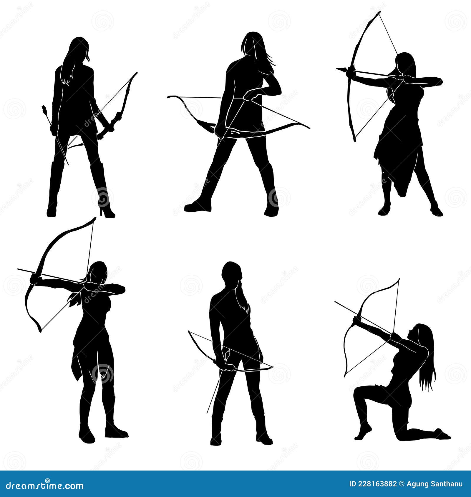 Bundle of Female Archer Warrior Silhouette Vector Collection on White ...