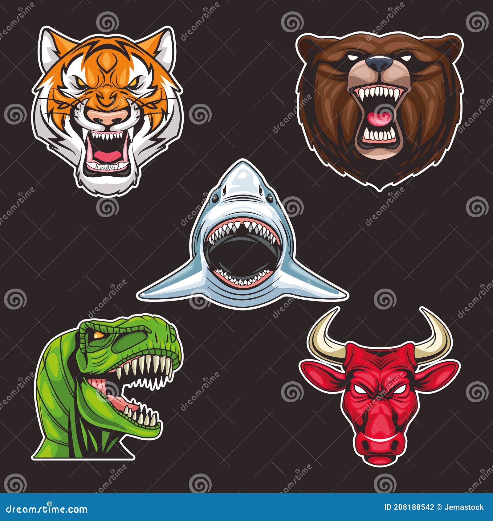 Bundle of Five Wild Animals Heads Characters Stock Vector ...