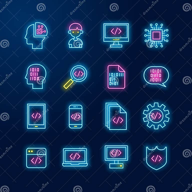 Bundle of AI Coding Neon Light Line Icon Vector Set Stock Vector ...