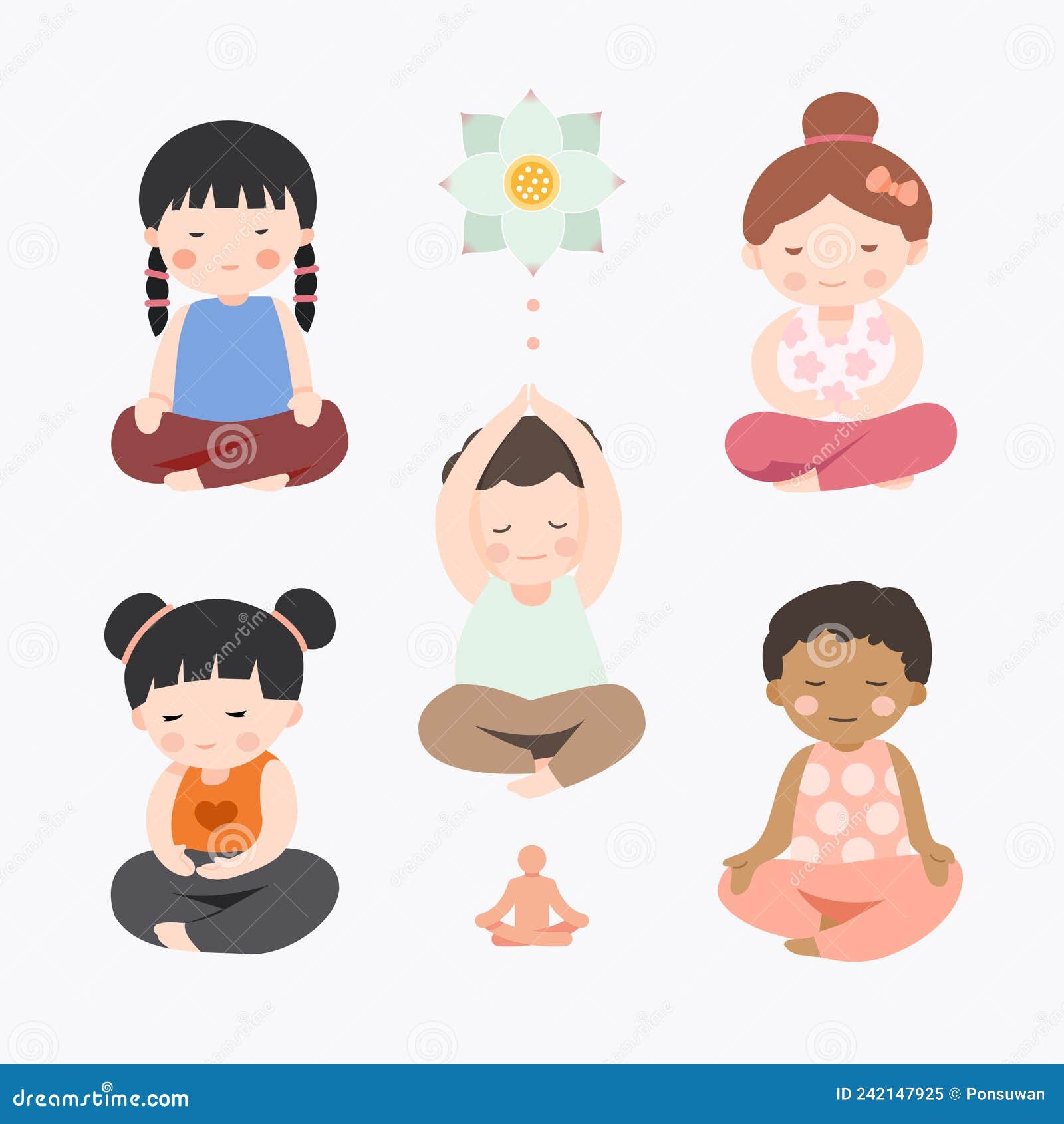 Collection Of Kid Meditating In Lotus Pose. Cute Cartoon Children Yoga ...