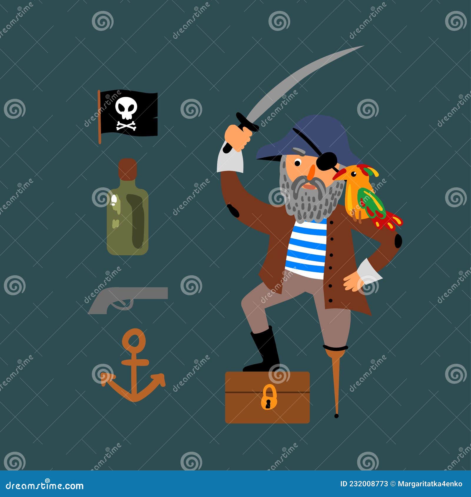 Pirate Hand Drawn Sketch Set Illustration Of Buccaneer Accessories ...