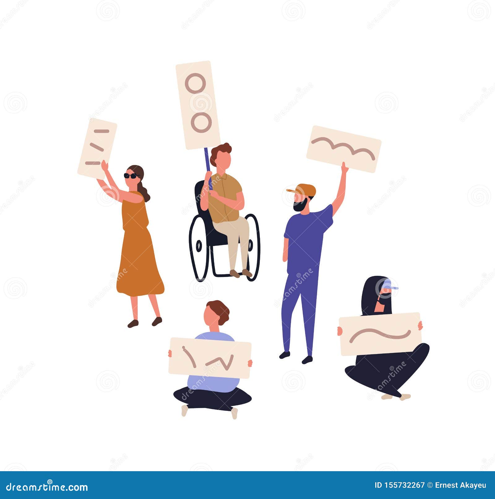 Bundle of Protesters Holding Banners and Placards. Set of People Taking ...