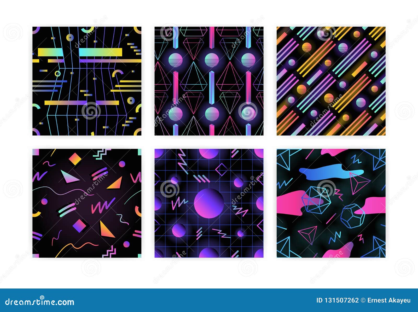Bundle of Retro Futuristic Seamless Pattern with Glowing Gradient ...