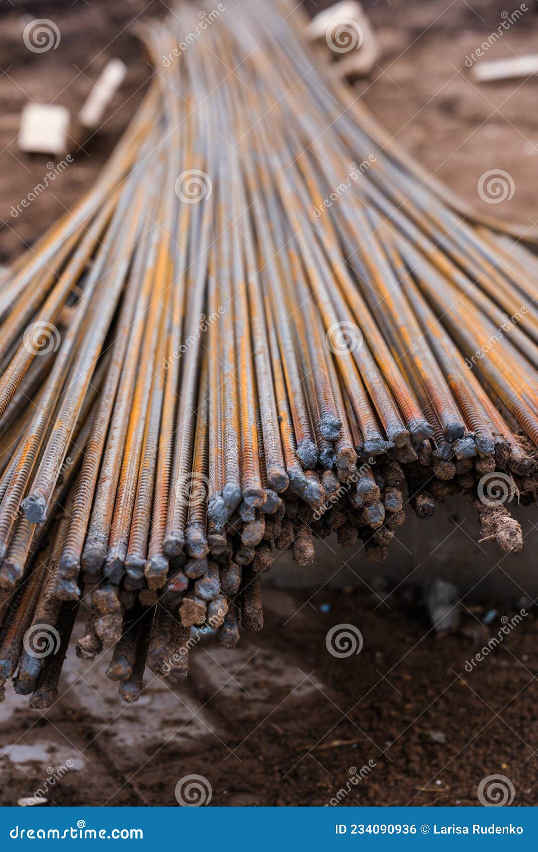 Bundle of Rusty Rebar on a Construction Site, Selective Focus Stock ...