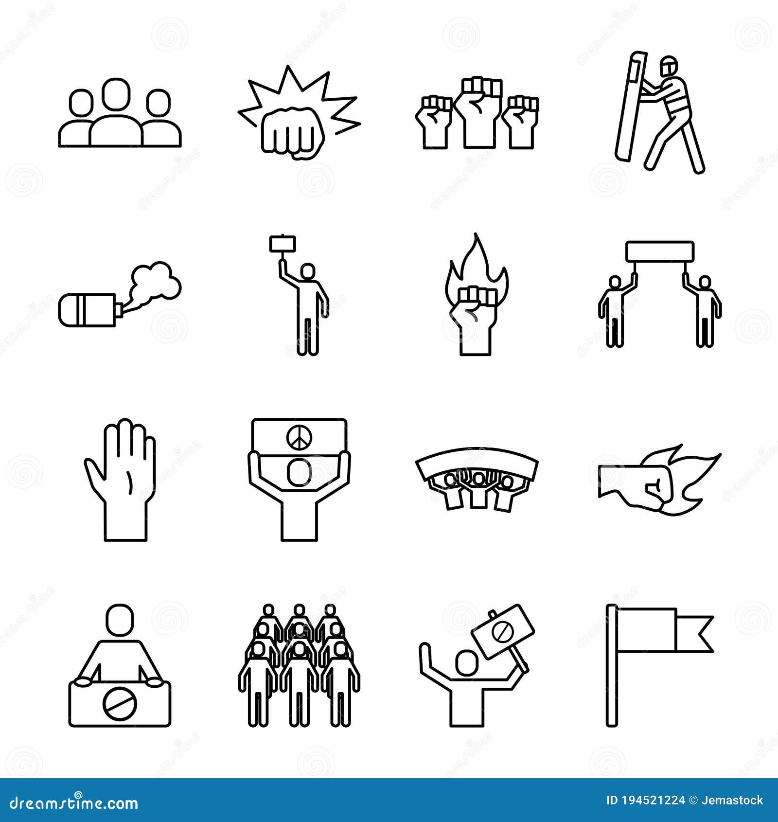 Bundle of Sixteen Protest Set Collection Icons Stock Vector ...