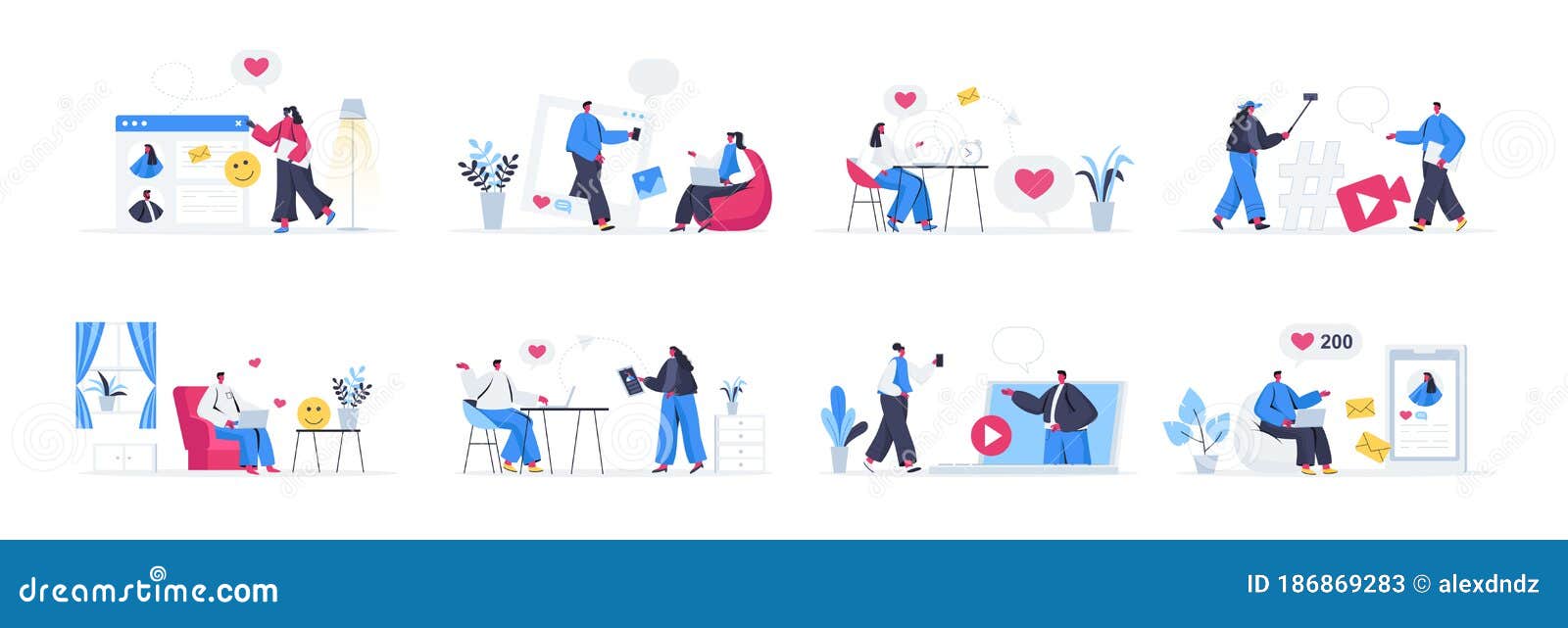 Bundle of Social Media Scenes. Stock Vector - Illustration of like ...