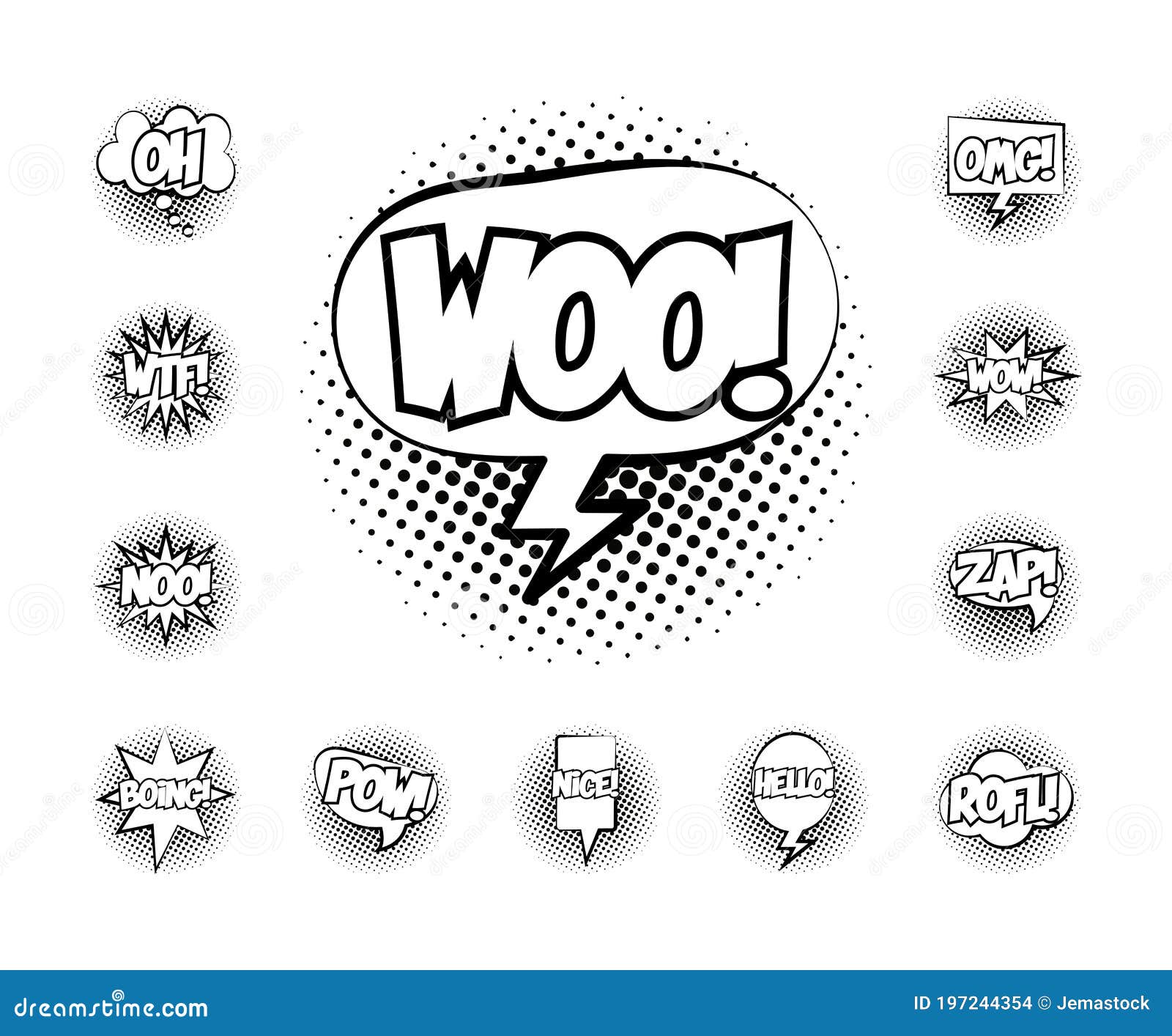 Bundle of Speech Bubbles with Woo Word and Words Pop Art Line Style ...
