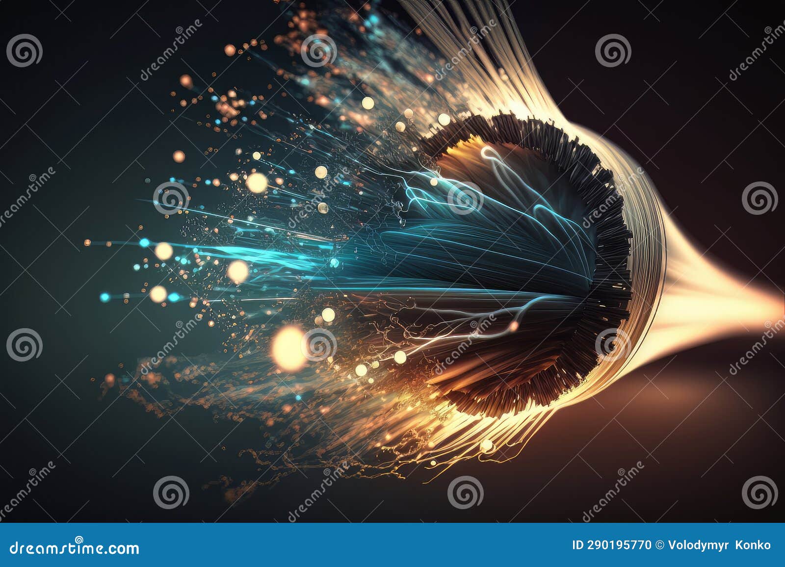 A Bundle of Thin Translucent Fibers Glowing with Data Signals in ...