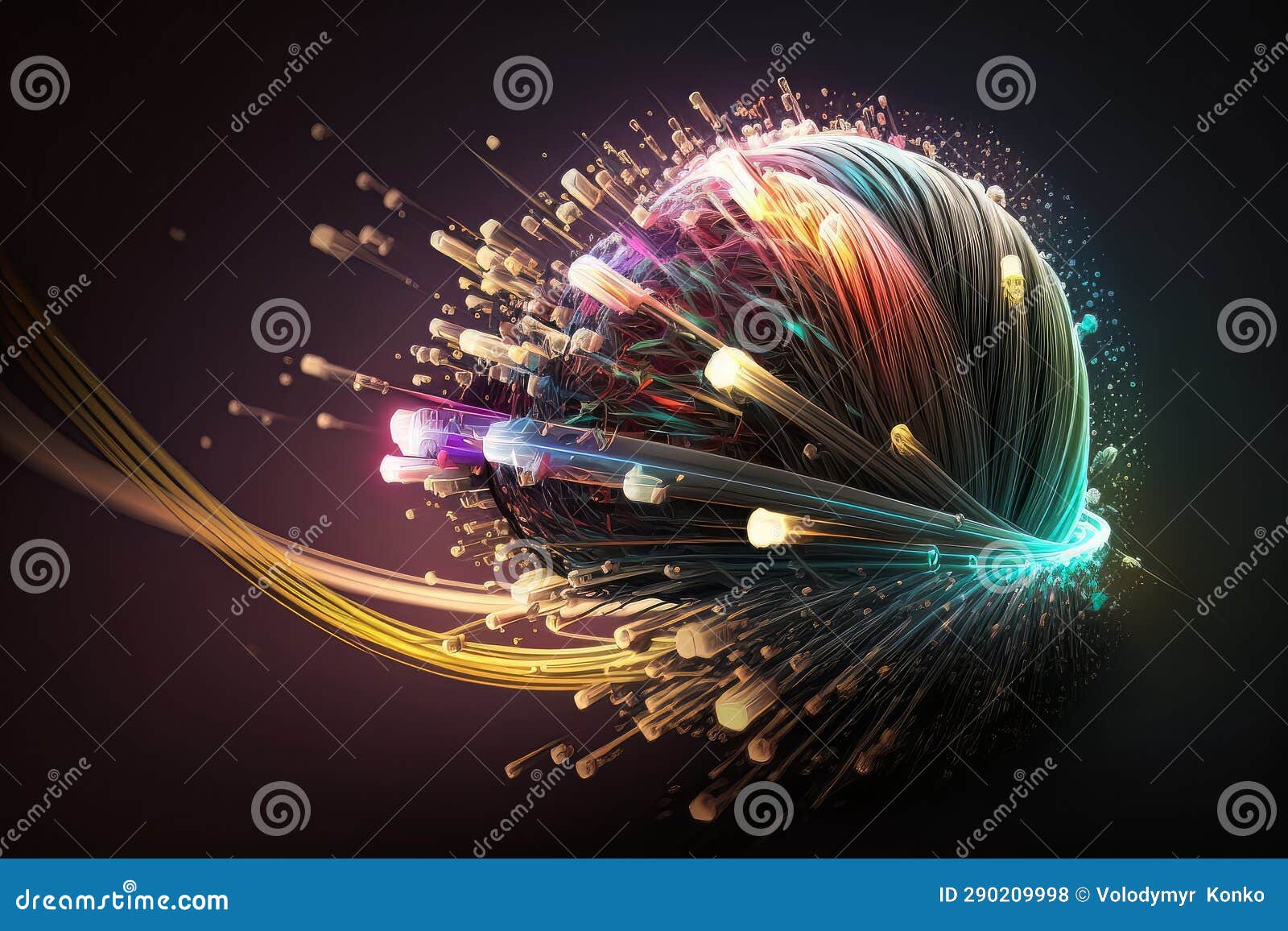 A Bundle of Thin Translucent Fibers Glowing with Data Signals in ...