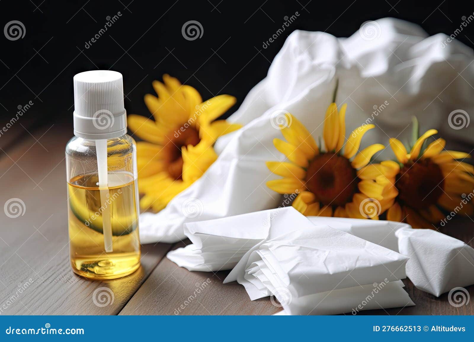 Bundle of Tissues Next To Nasal Spray, Perfect for Cold Season Stock ...