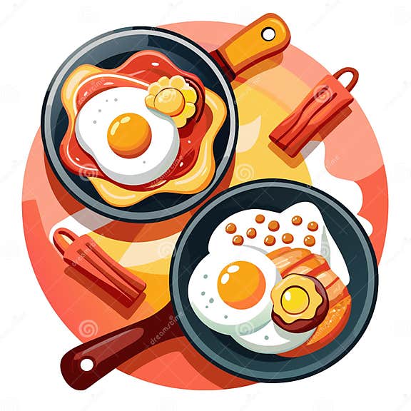Bundle of Two Pans with Fried Eggs and Bacon (side and Top View). Stock ...