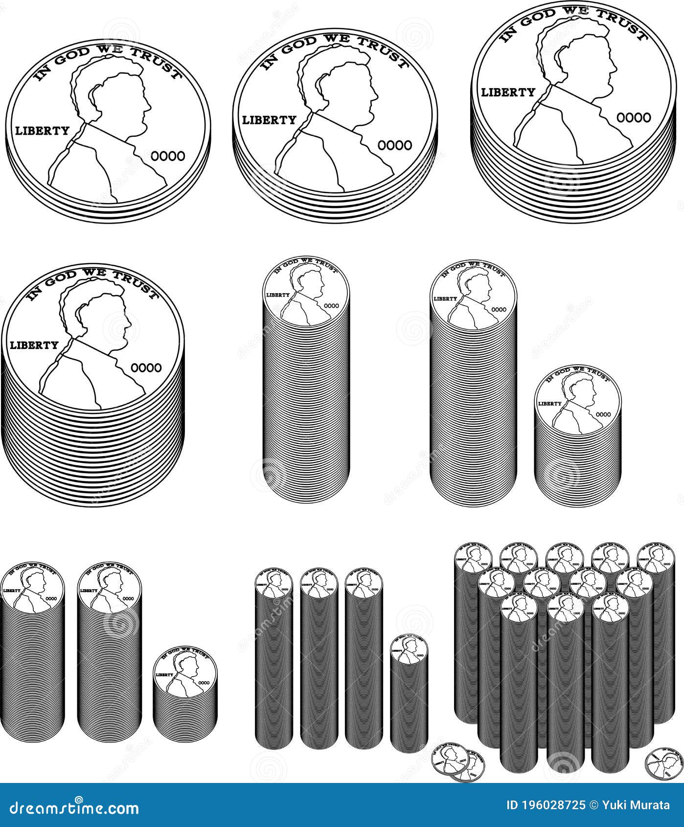 Bundle of US American 1 Cent Coin Outline Set Stock Vector ...