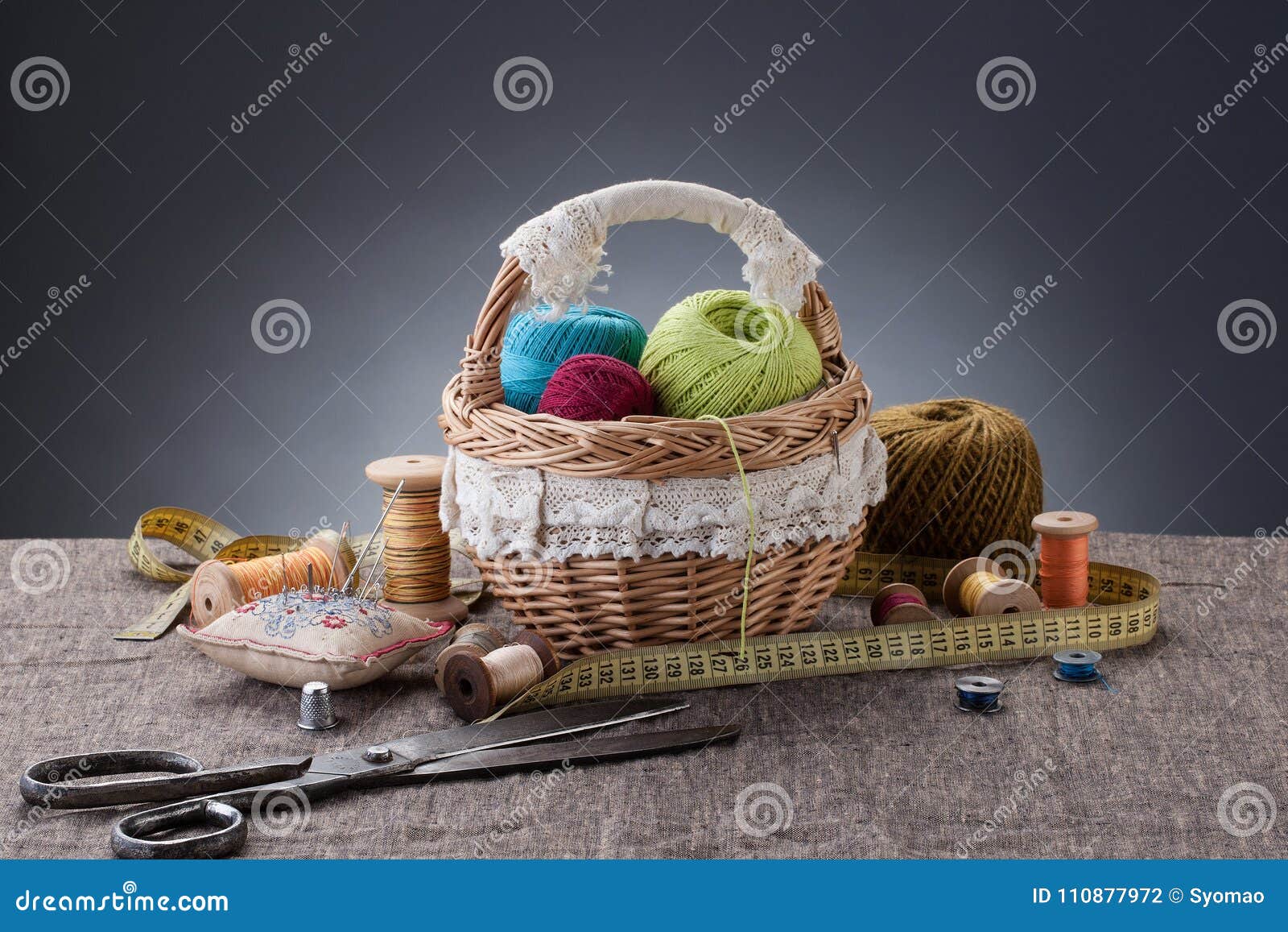 Bundles of Thread in the Basket, Scissors and Thread in Drums on Stock ...