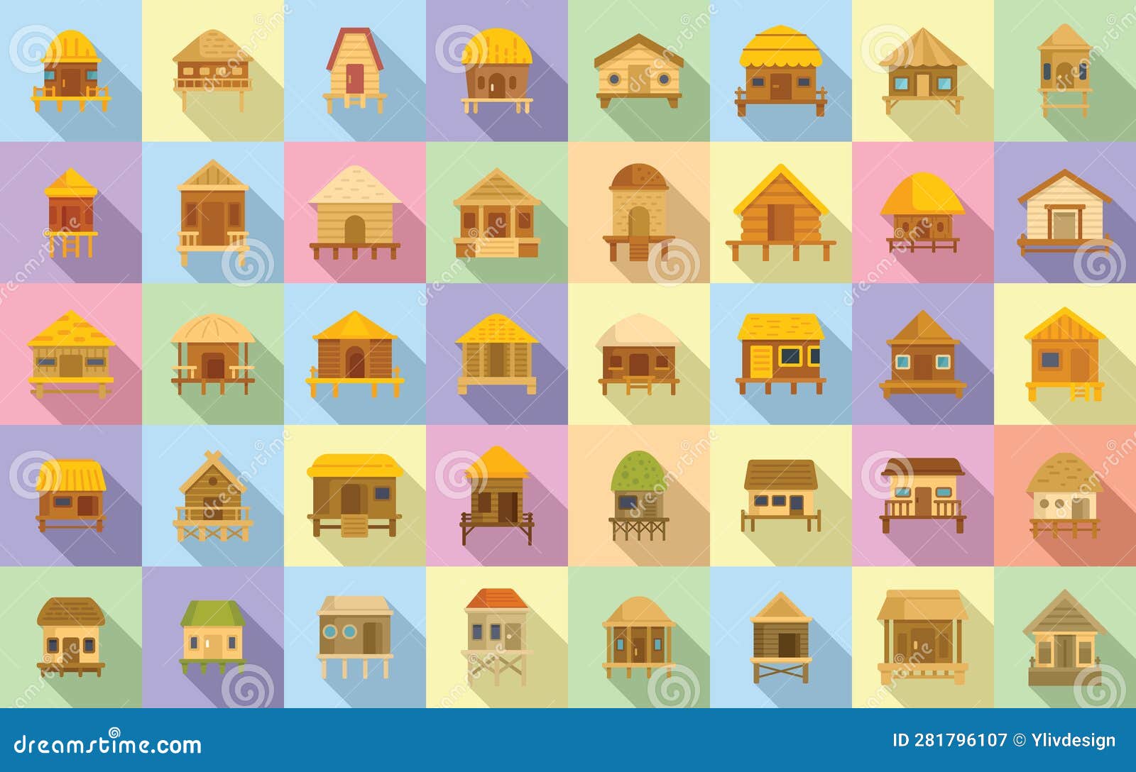 Bungalow Icons Set Flat Vector. African Cabin Stock Vector ...