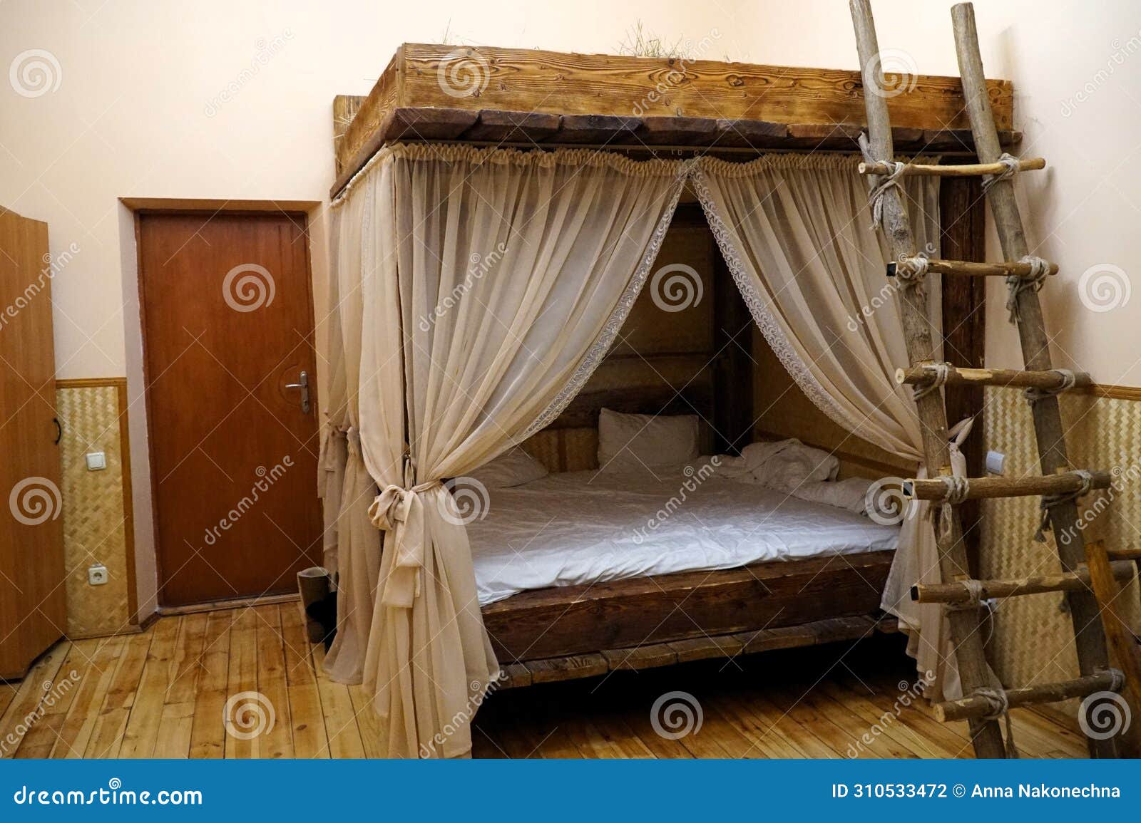 Bunk Bed with Canopy in Rustic Style Stock Photo - Image of wood ...