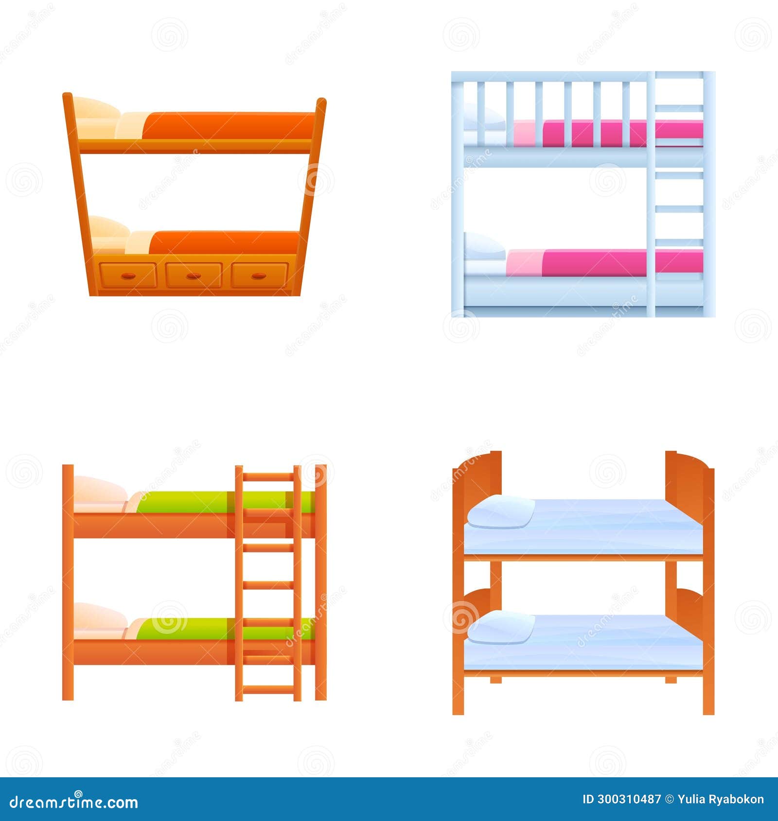 Bunk Bed Icons Set Cartoon Vector Two Tier Bed With Mattress Pillow