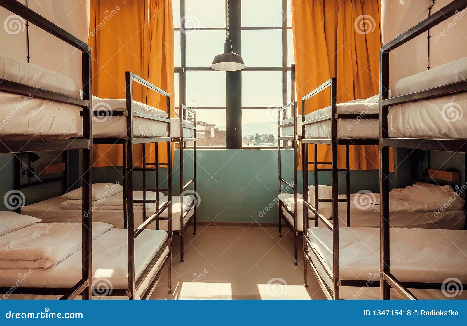 Bunk Beds Inside Bedroom with Window and Yellow Curtains Stock Photo ...